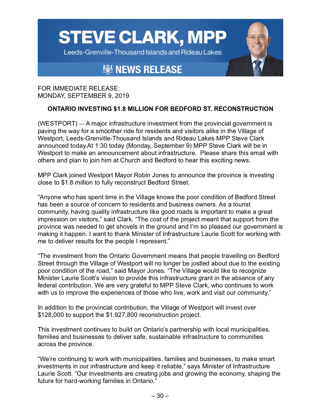 Thank you MPP Steve Clark and the Ontario Government. | Robin, The Mayor